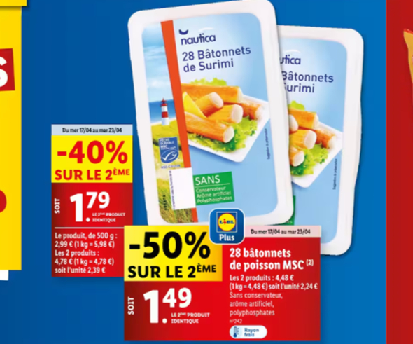 28 bâtonnets de surimi à 1.79€ au lieu de 2.99€ (-40%) chez Lidl ...